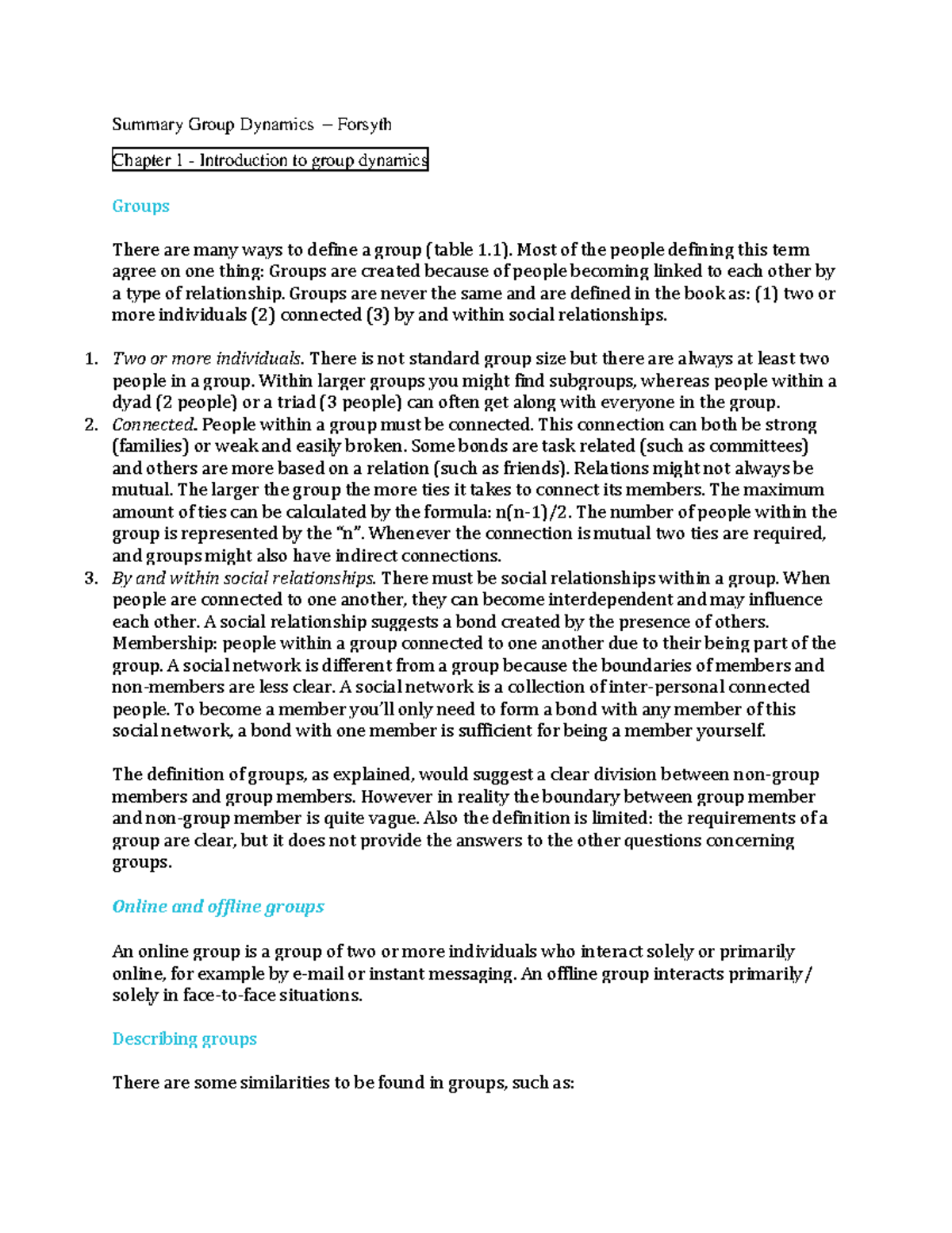 Summary Group Dynamics Chap 1 & 2 - Summary Group Dynamics – Forsyth ...