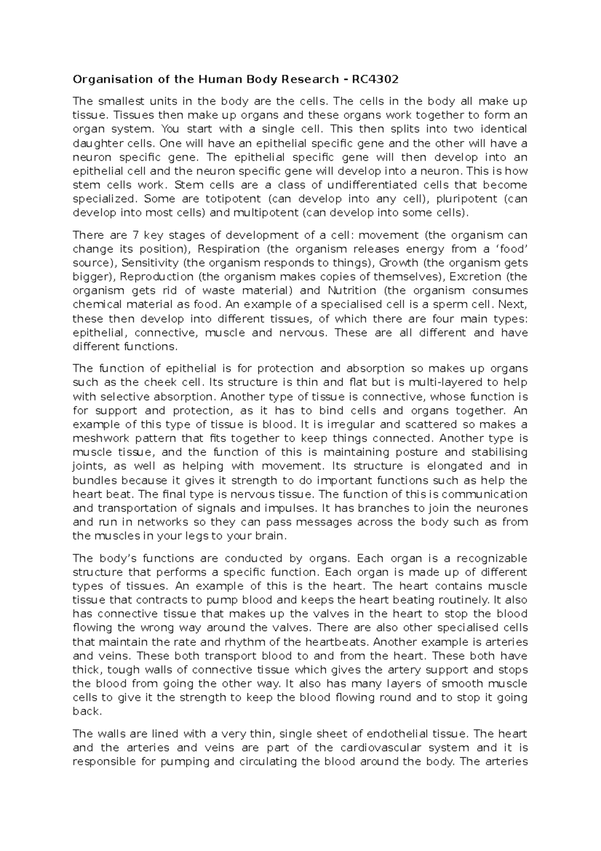 Organisation of the Human Body Research - The cells in the body all ...