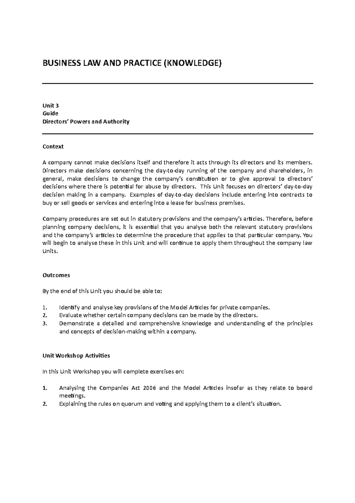 Business Law and Practice Workshop 3 - BUSINESS LAW AND PRACTICE ...