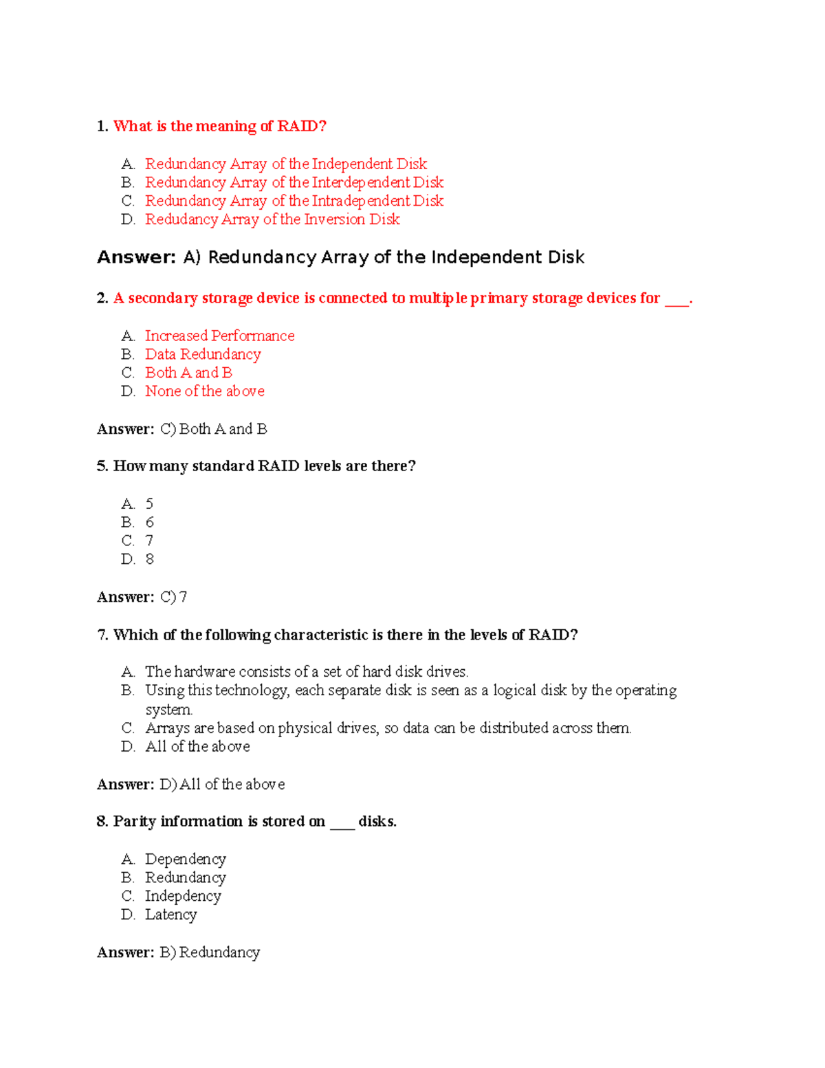 Chapter-12 MCQ Answer - 1. What is the meaning of RAID? A. Redundancy ...