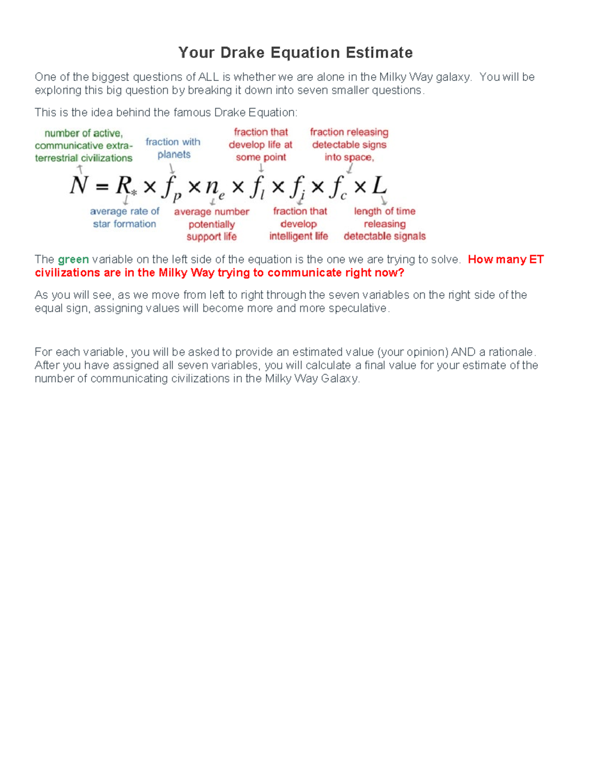 2020 Drake Equation TEST Question - Your Drake Equation Estimate One of ...