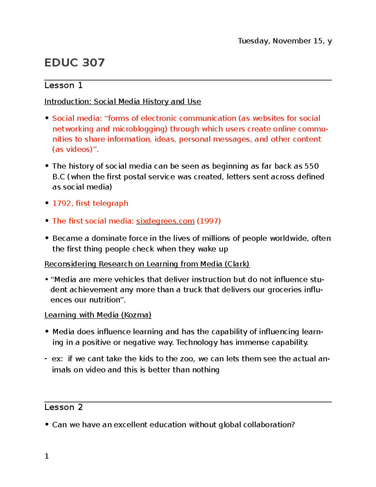 Educ 307 notes - EDUC 307 Lesson 1 Introduction: Social Media History ...