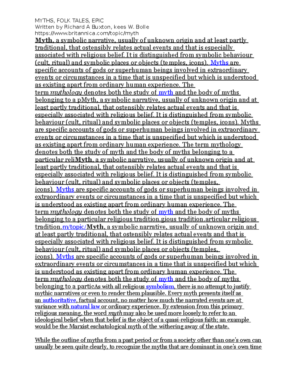 Myths, FOLK Tales, Epics - Written by Richard A Buxton, kees W. Bolle ...