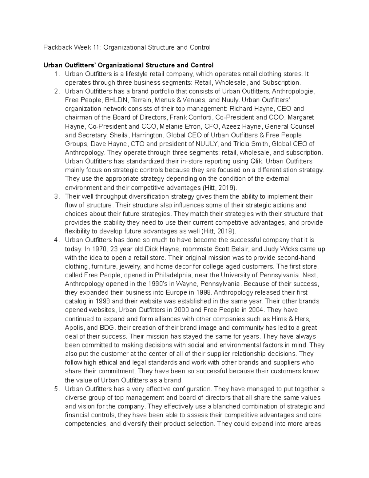Packback Week 11: Organizational Structure and Control - Urban ...