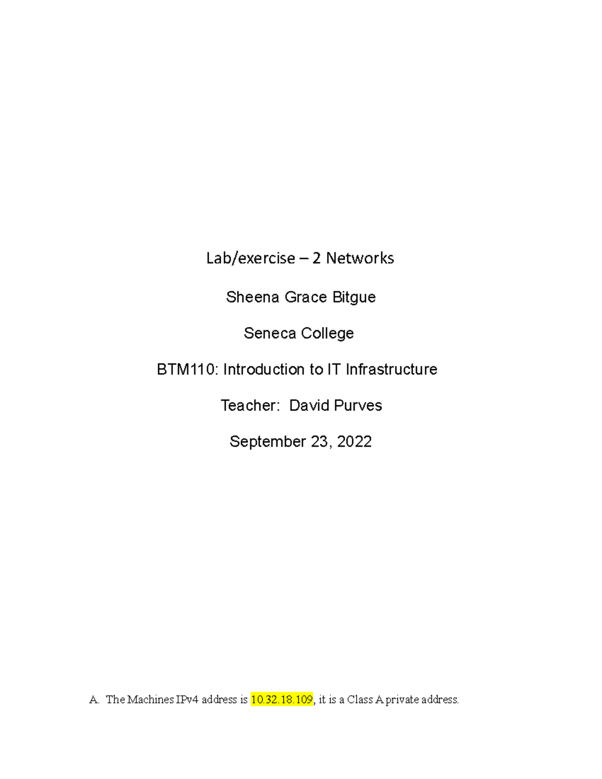 Lab exercise 2 Intro to IT - Lab/exercise – 2 Networks Sheena Grace ...