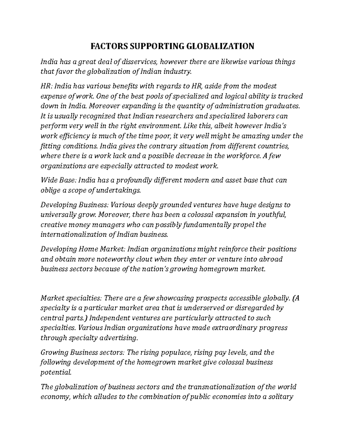 Factors Supporting Globalization - FACTORS SUPPORTING GLOBALIZATION ...