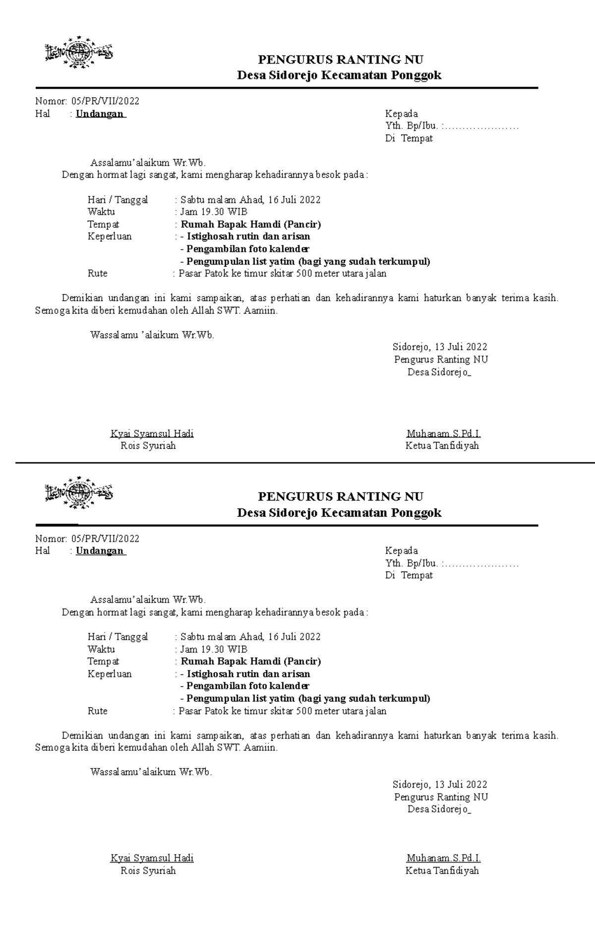 3. Undangan istighosah - PENGURUS RANTING NU Desa Sidorejo Kecamatan ...