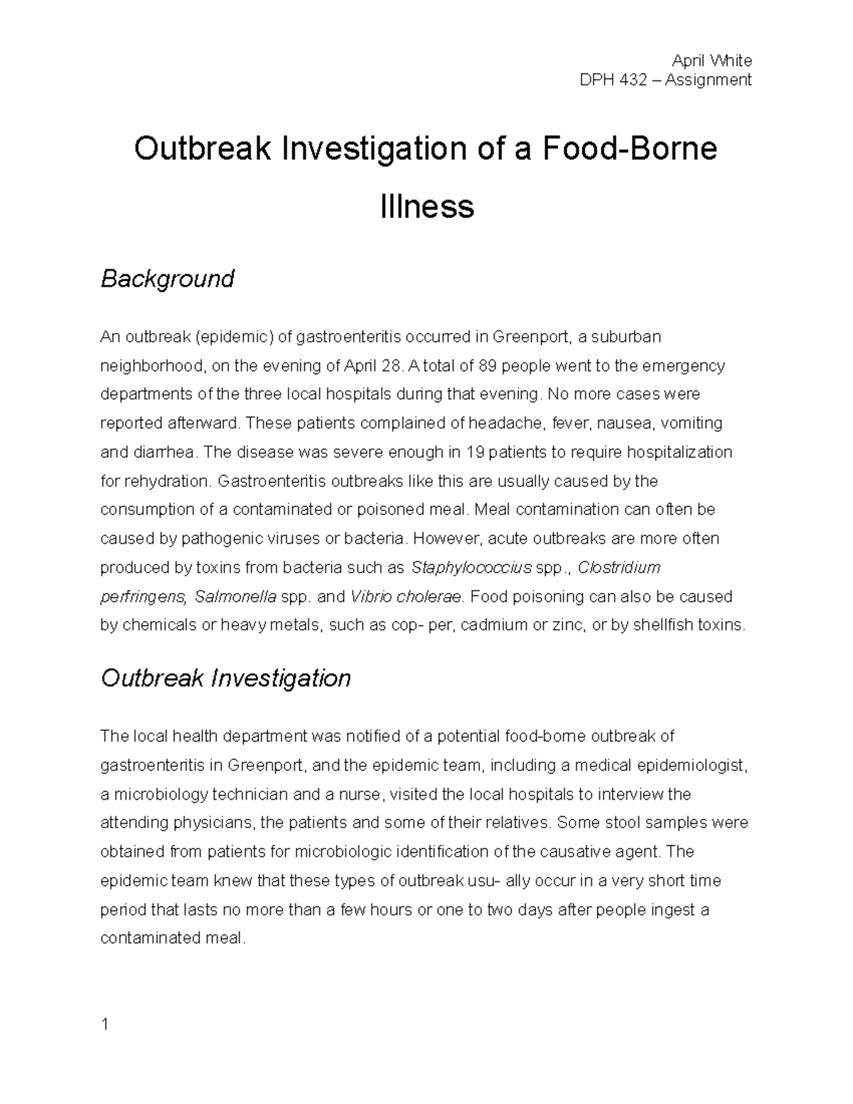 DPH 432 Assignment 11 - DPH 432 – Assignment Outbreak Investigation of ...