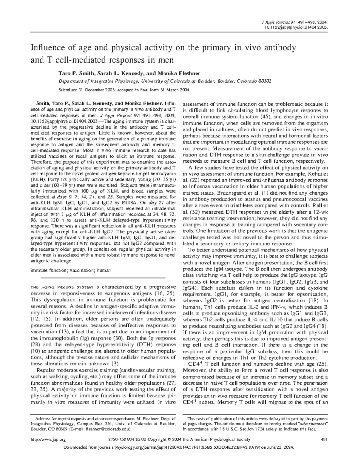 Smith et al 2004 influence of age and physical activity on the primary ...