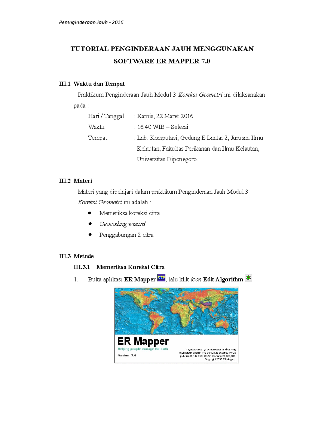 Tutorial Metode Koreksi Geometrik Menggunakan ER Mapper 7.0 - Pemnginderaan Jauh - 2016 TUTORIAL ...