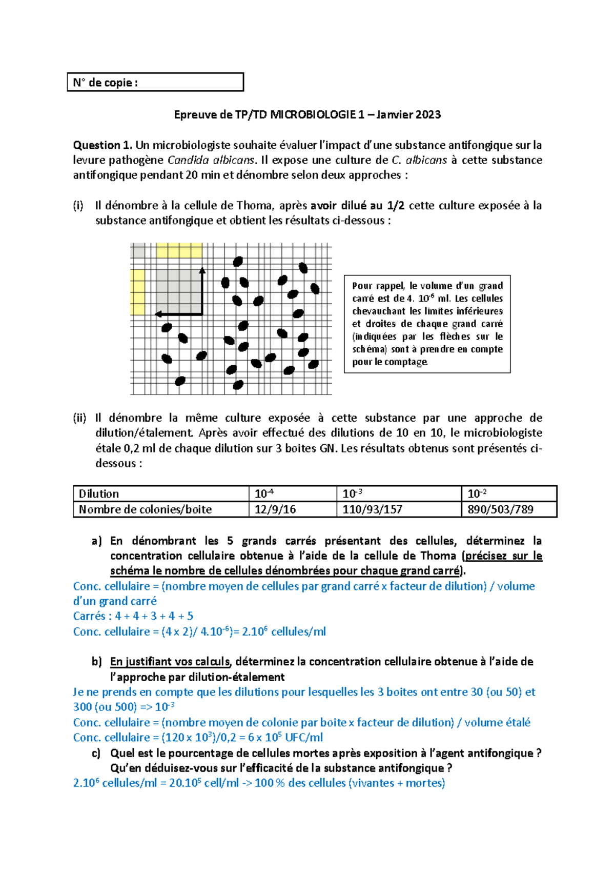 Sujet 1 corrigé - N° de copie : Epreuve de TP/TD MICROBIOLOGIE 1 – Janvier 2023 Question 1. Un ...