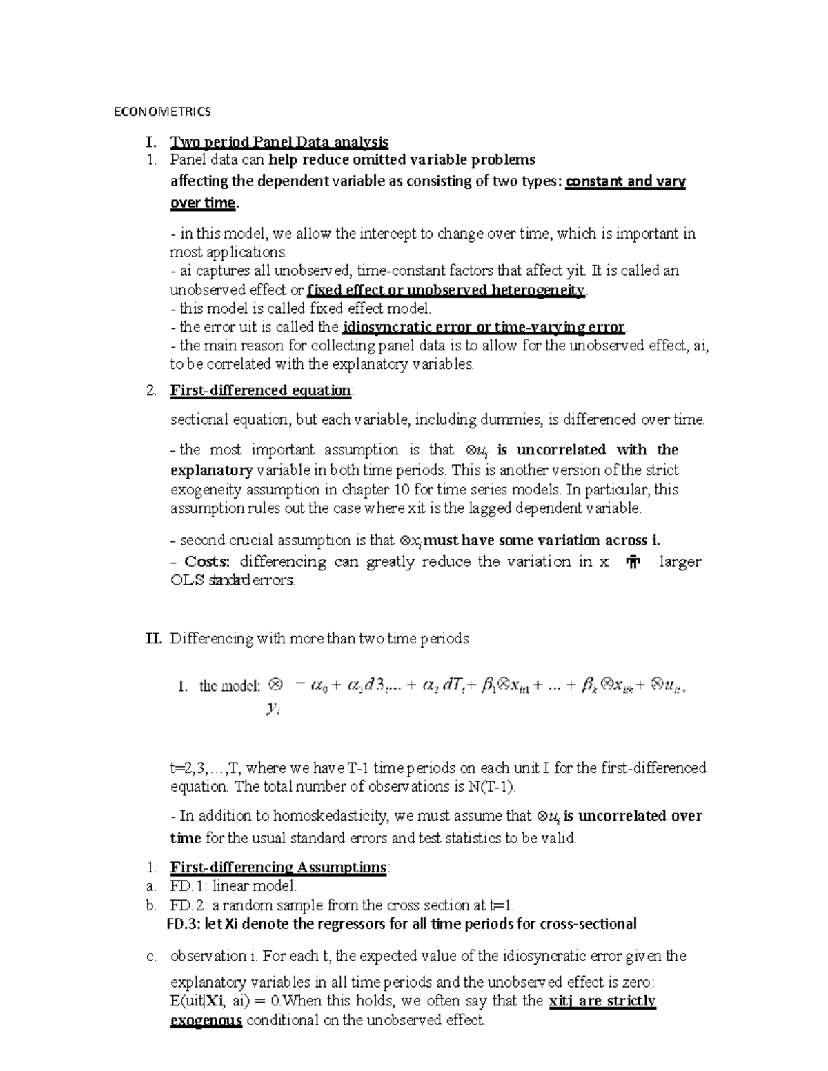 Econometrics 10 - I. Two period Panel Data analysis 1. Panel data can help reduce omitted ...
