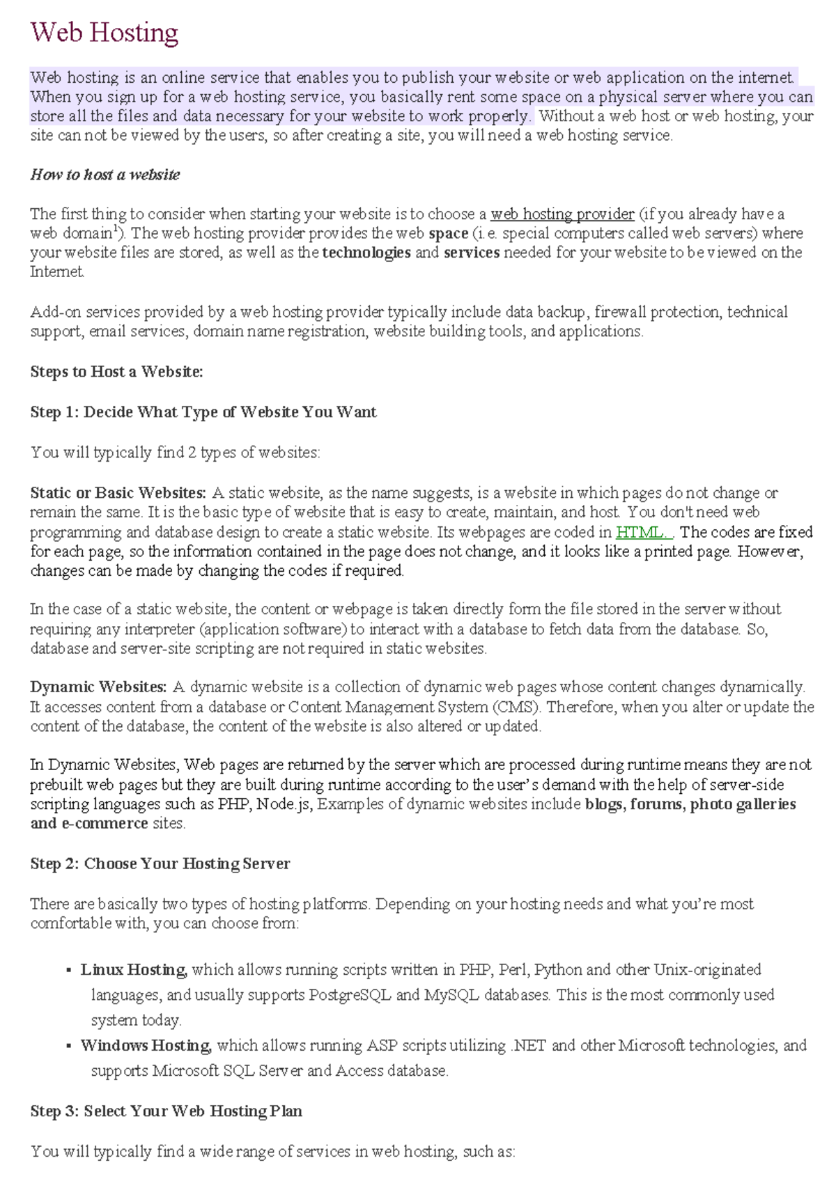 Web Hosting and Types of Hosting Packages - Web Hosting Web hosting is ...