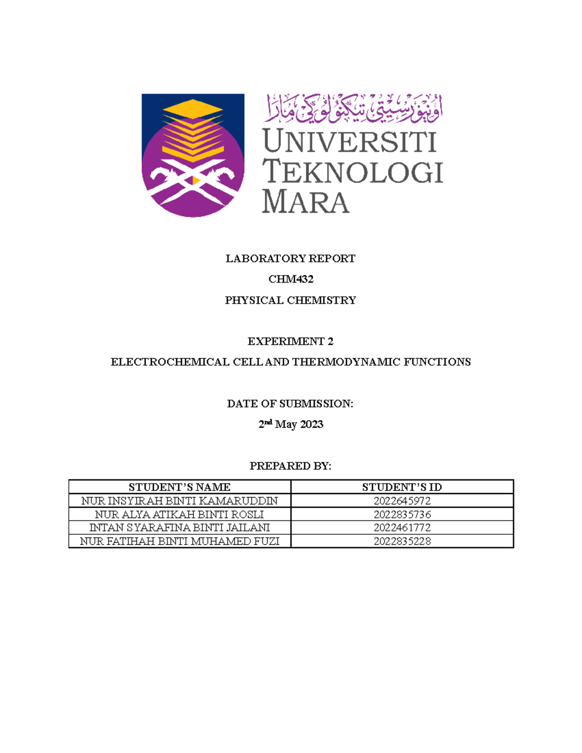 Experiment 2 CHM432 - LAB REPORT - LABORATORY REPORT CHM PHYSICAL CHEMISTRY EXPERIMENT 2 - Studocu