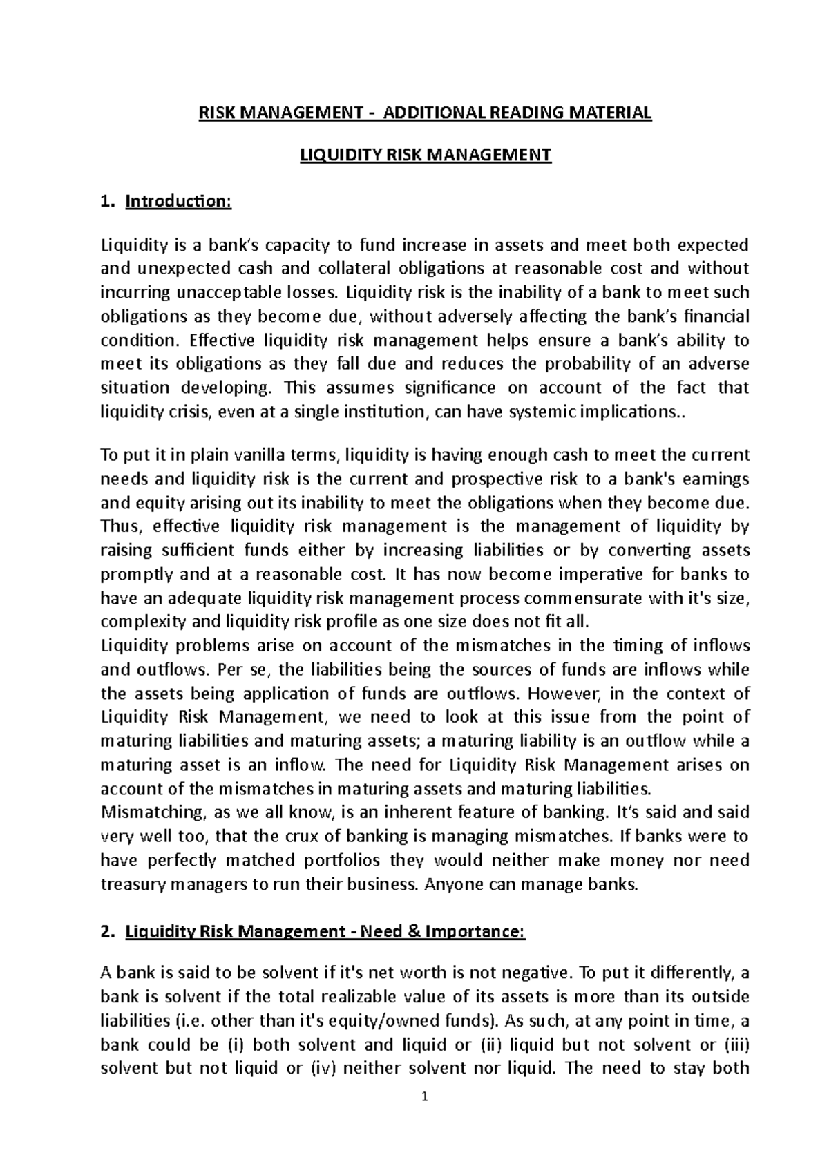Liquidity RISK - Lecture notes 4 - RISK MANAGEMENT - ADDITIONAL READING ...