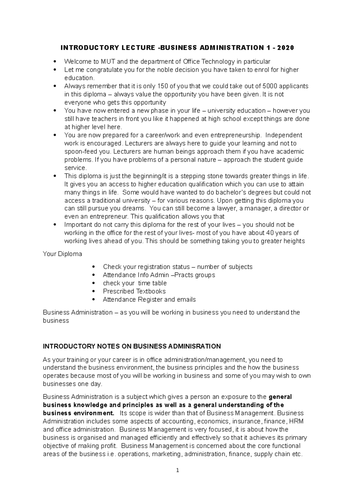 Bus Admin 1 Introductory Lecture and notes - INTRODUCTORY LECTURE ...