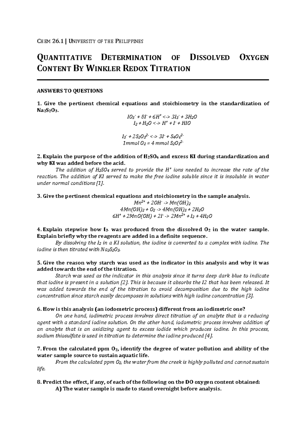 Experiment 8 Answers to Questions - CHEM 26 | UNIVERSITY OF THE ...