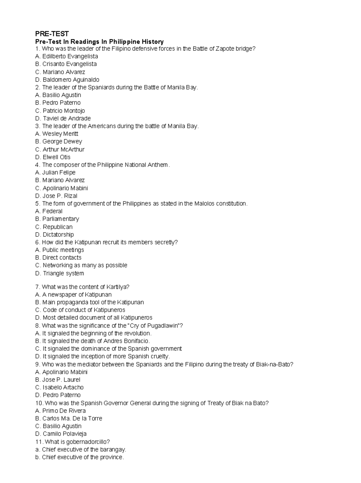 Pretest Phil - This is a pre test for Philippine History Subject - PRE ...