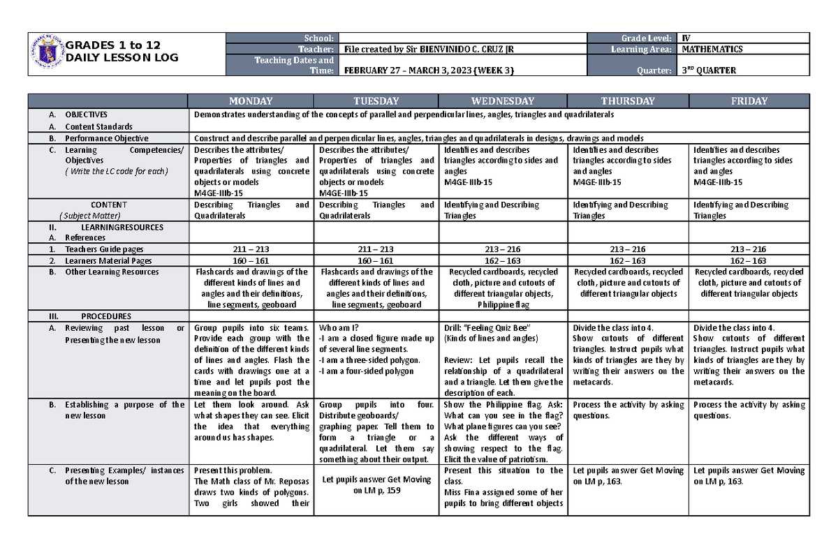 DLL Mathematics 4 Q3 W3 - GRADES 1 to 12 DAILY LESSON LOG School: Grade ...