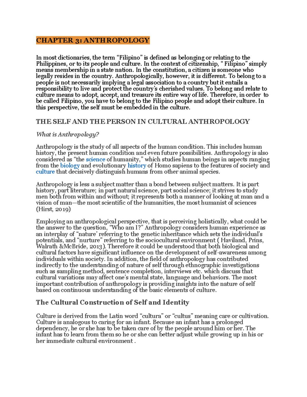 Anthropology - lectureeeeeeeeeeeee - CHAPTER 3: ANTHROPOLOGY In most ...