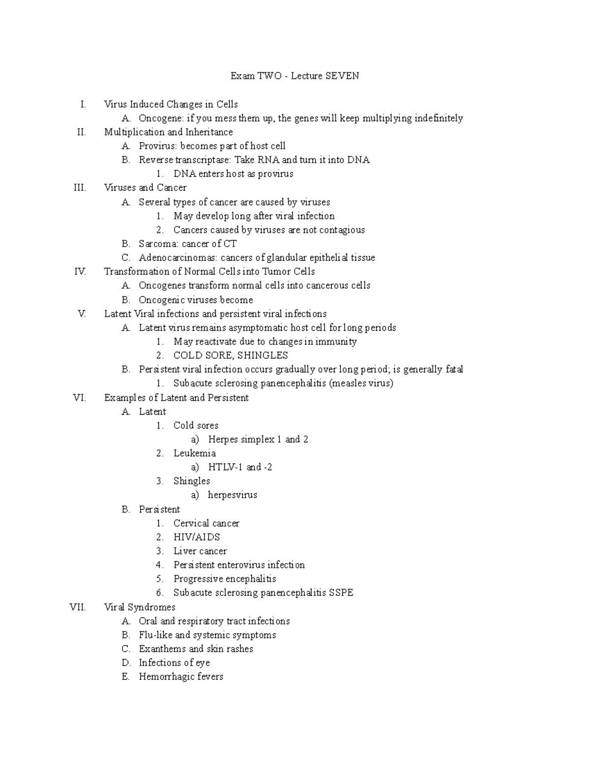 Exam TWO - Lecture Seven - Exam TWO - Lecture SEVEN I. Virus Induced ...