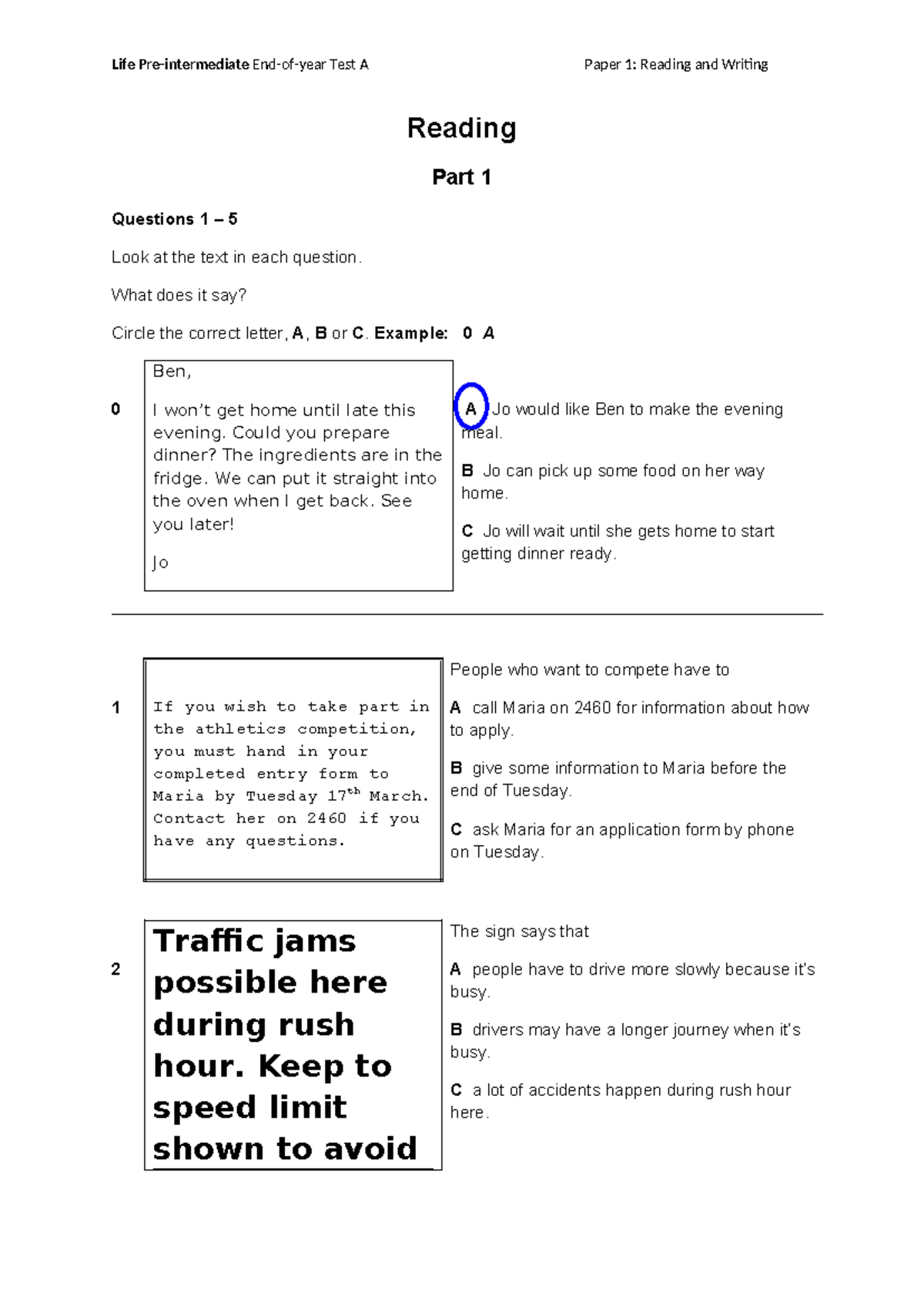 Pre-intermediate end of year Test A Paper 1 - Reading Part 1 Questions ...