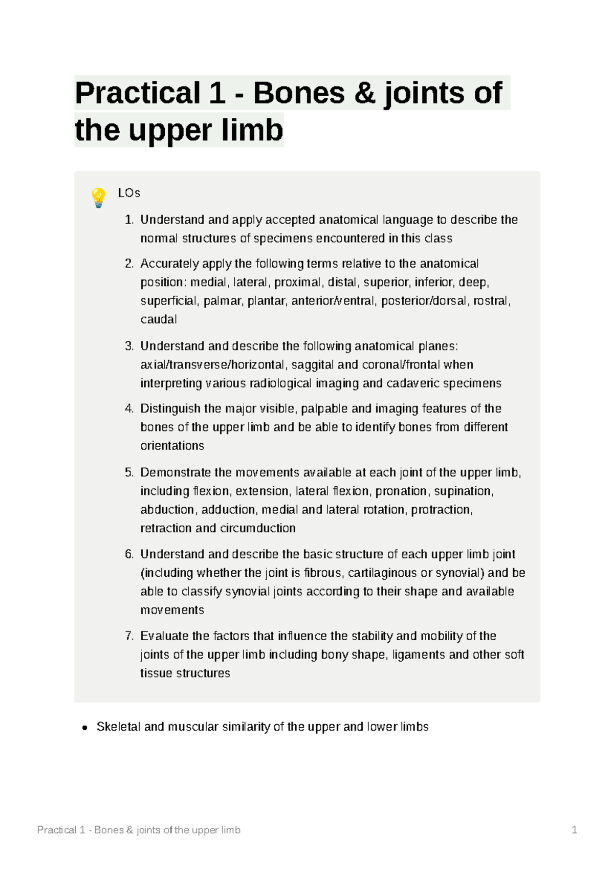 MMED3932 Prac 1 - Practical 1 - Bones & joints of the upper limb LOs 1 ...