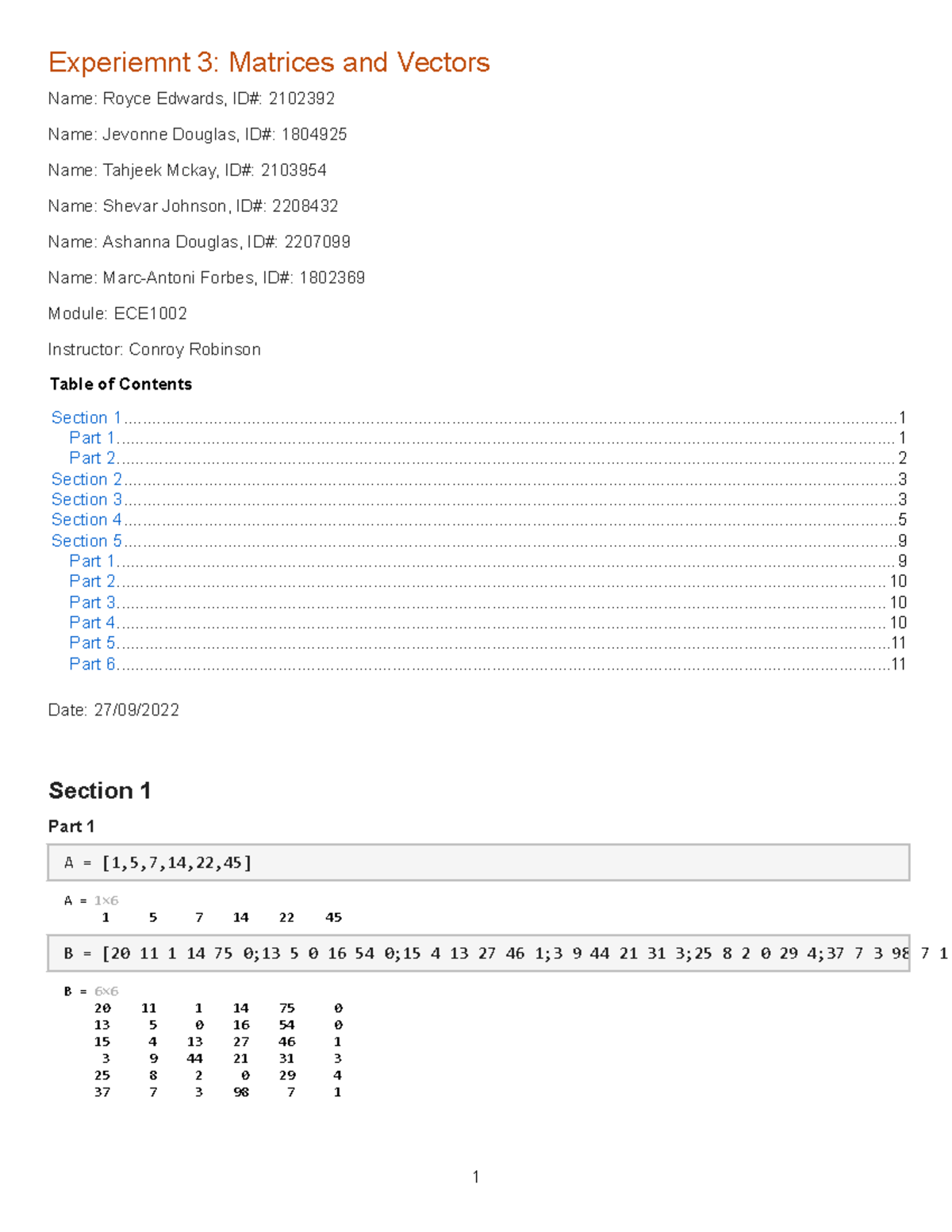 Experiment 3 ECE1002 - Experiemnt 3: Matrices and Vectors Instructor ...