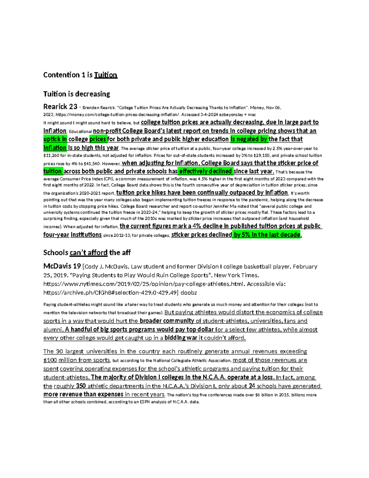 Neg Case Athletes - Contention 1 is Tuition Tuition is decreasing ...