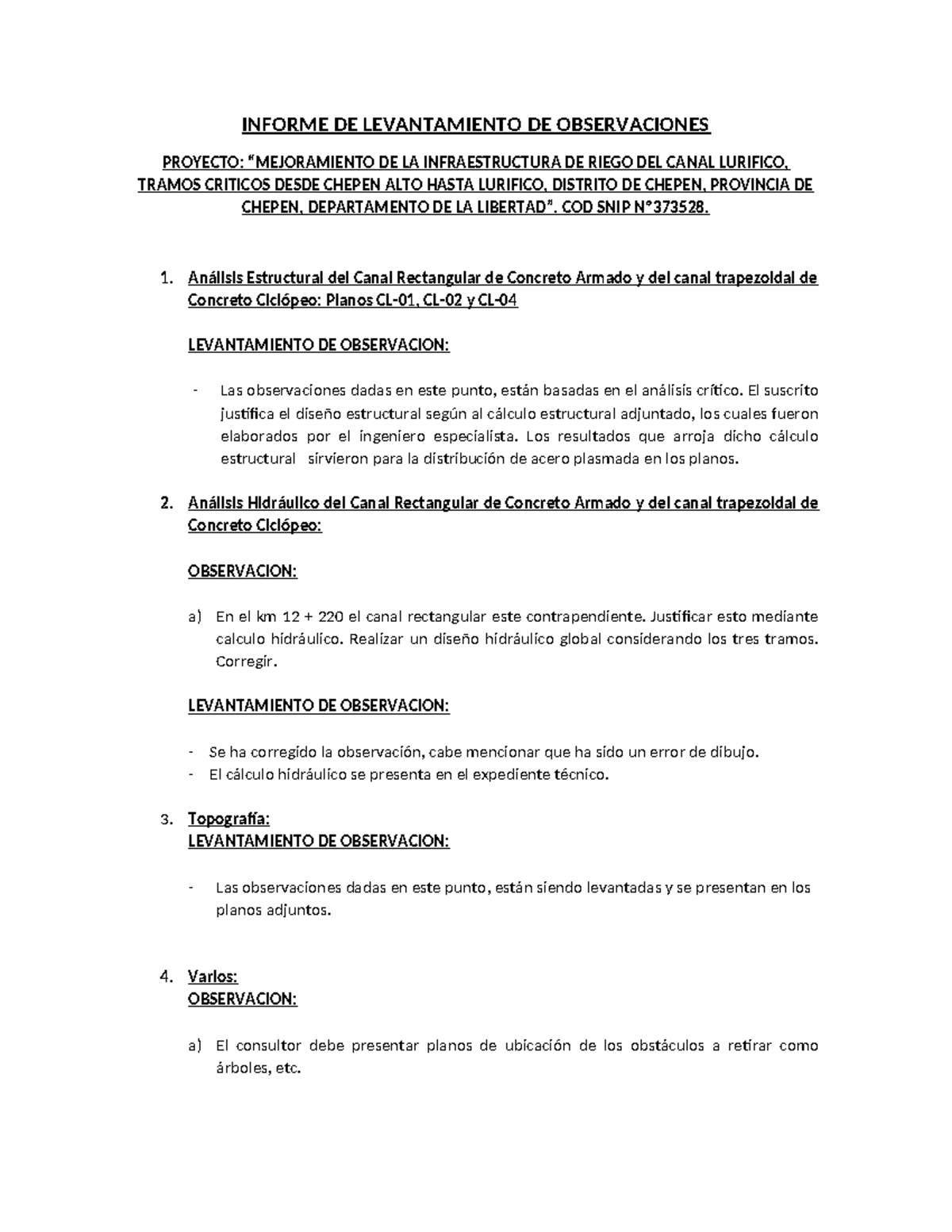 Informe DE Levantamiento DE Observaciones - INFORME DE LEVANTAMIENTO DE OBSERVACIONES PROYECTO ...