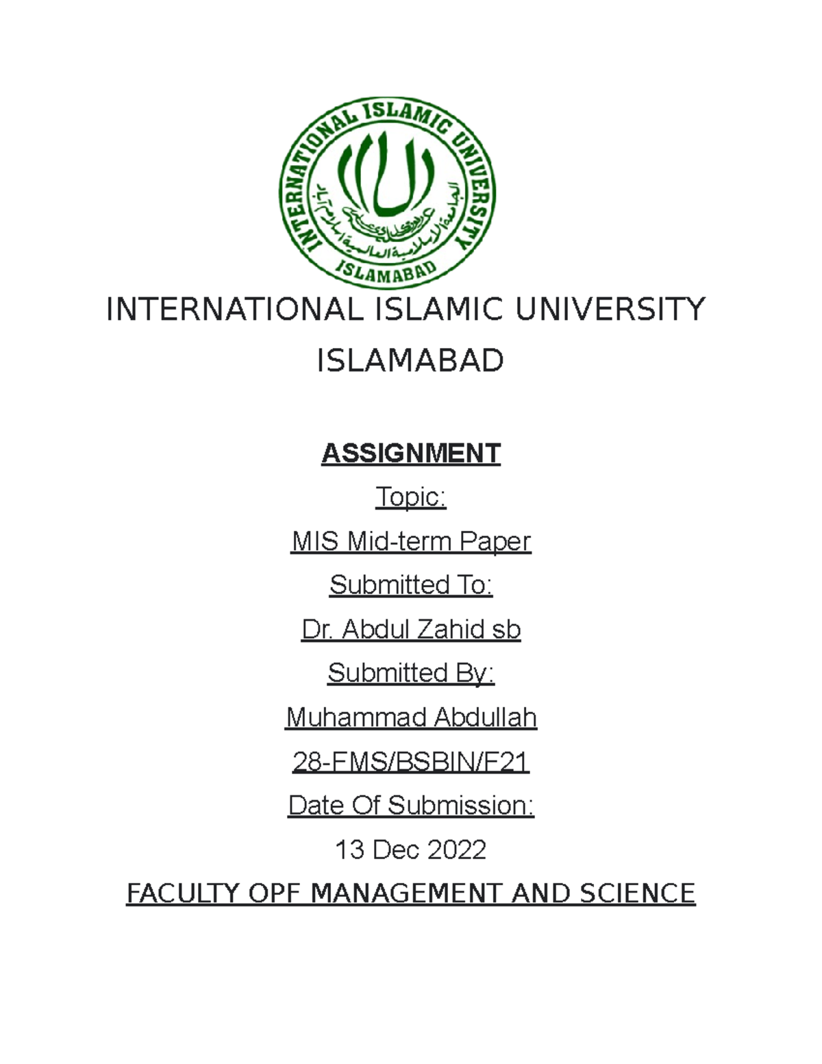 Abdullah MIS assignment - INTERNATIONAL ISLAMIC UNIVERSITY ISLAMABAD ...