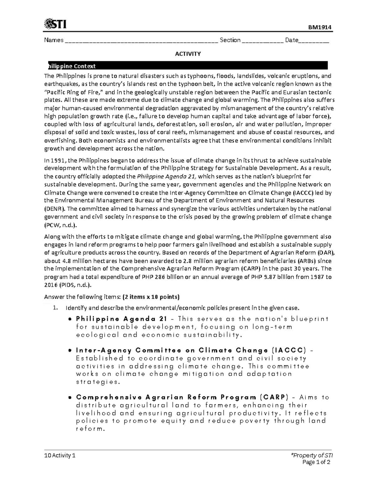 10 Activity 1 - hello - BM ACTIVITY Philippine Context The Philippines ...