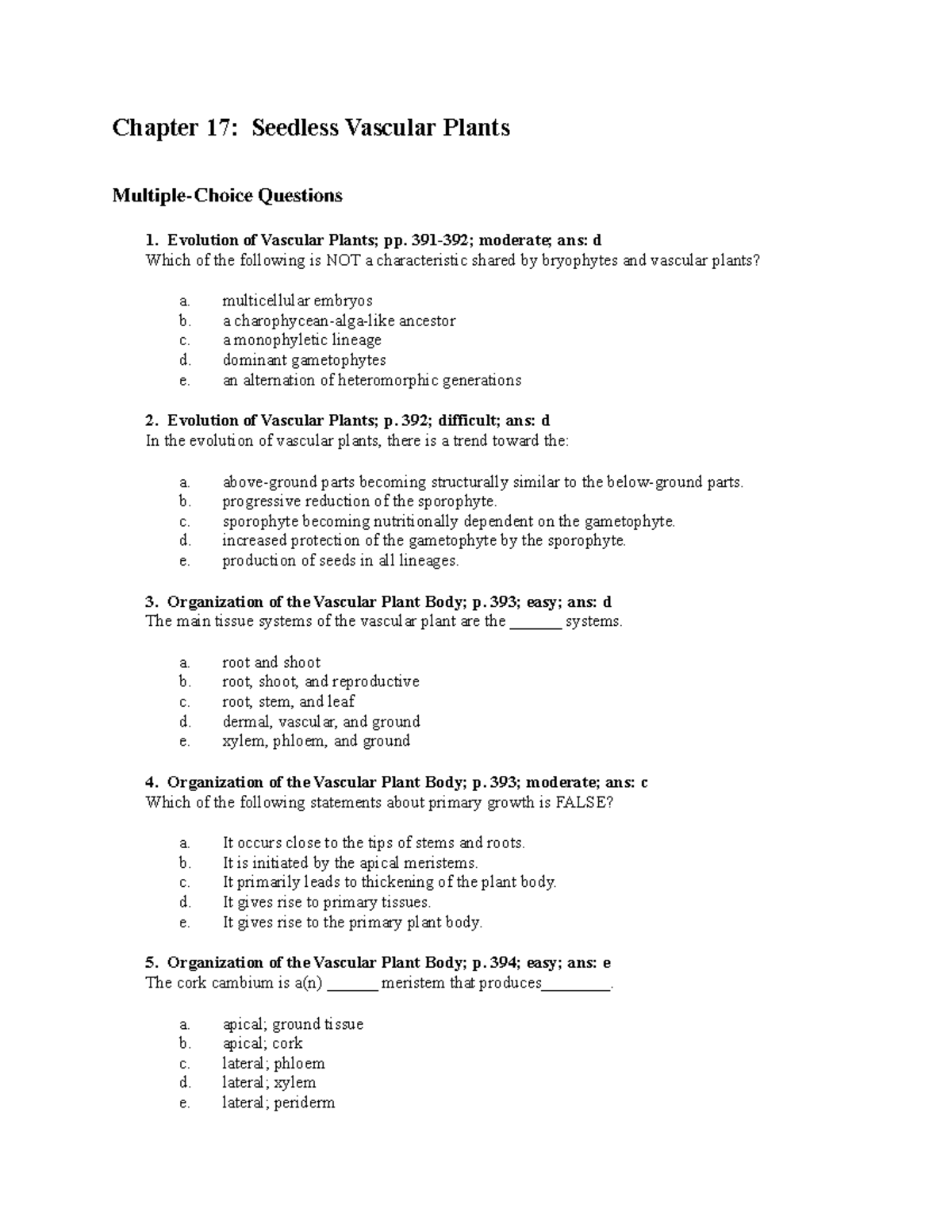 Chapter 17-final - practice exams - Chapter 17: Seedless Vascular ...