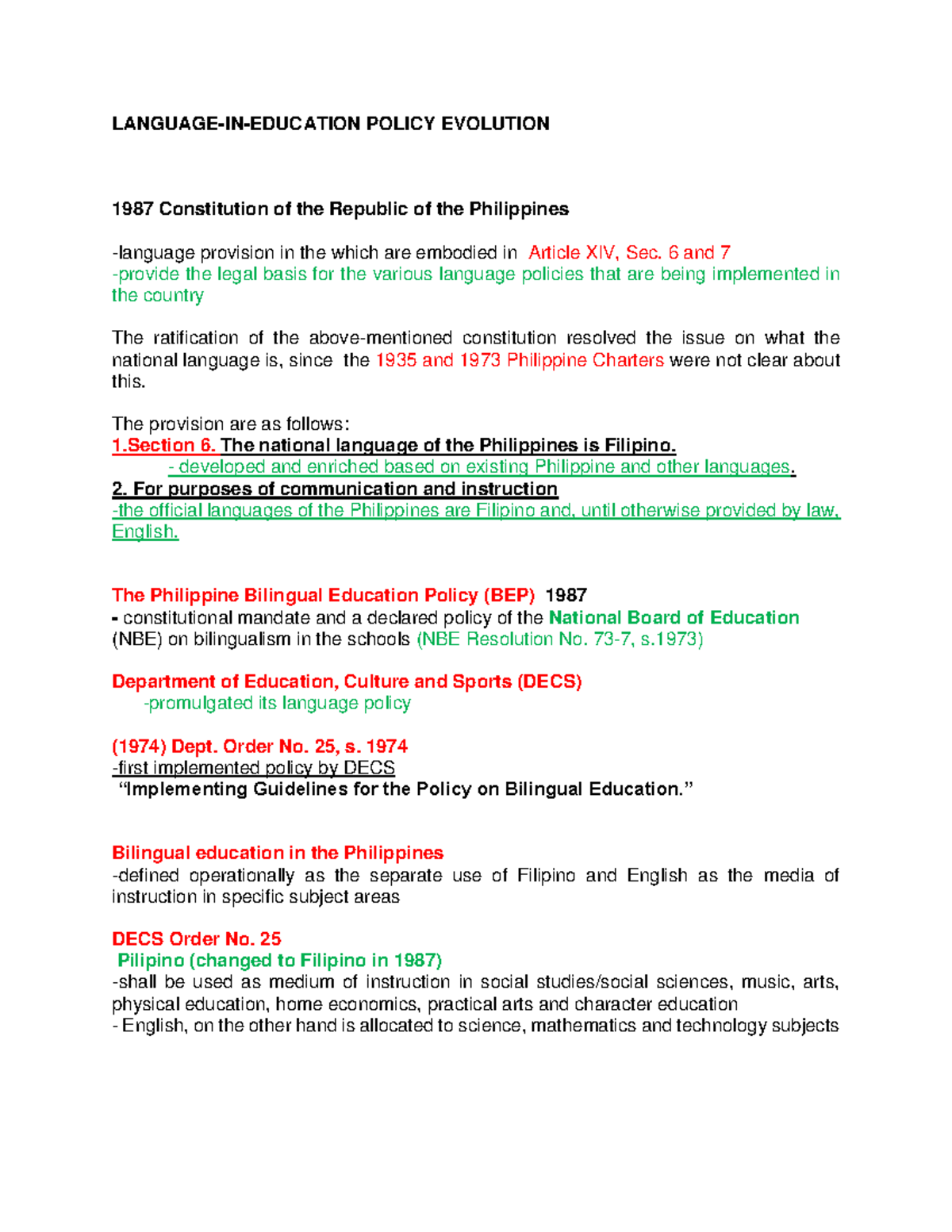 Reviwer in EEd 223 - notes - LANGUAGE-IN-EDUCATION POLICY EVOLUTION ...
