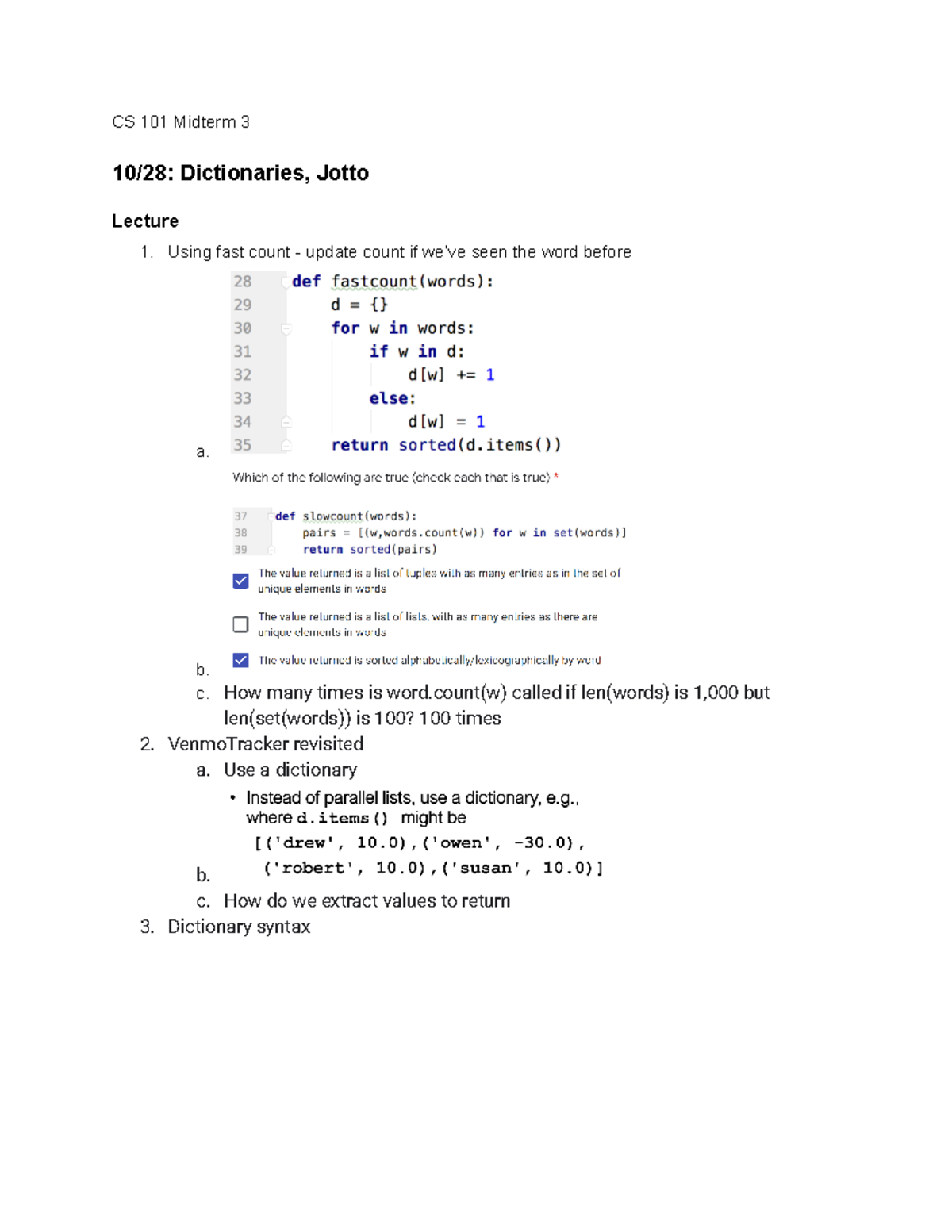 Cs 101 Notes Midterm 3 Cs 101 Midterm 3 1028 Dictionaries Jotto Lecture Using Fast Count