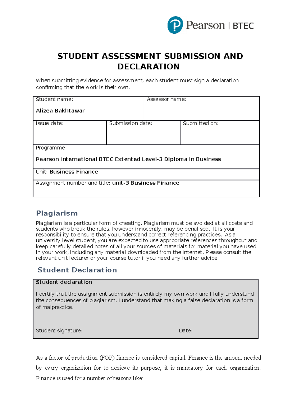 Unit#3-BTEC-Level-3-Business Finance assignment - STUDENT ASSESSMENT ...