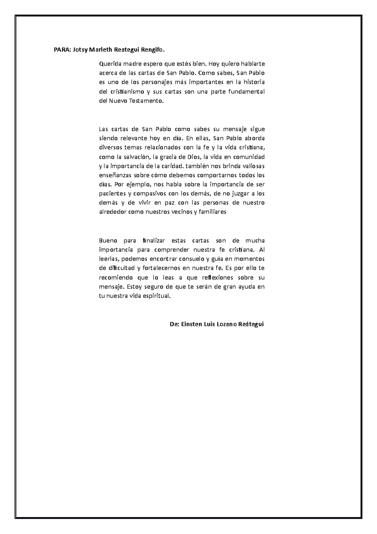 Religion 5° carta san pablo - PARA: Jotsy Marleth Reategui Rengifo ...