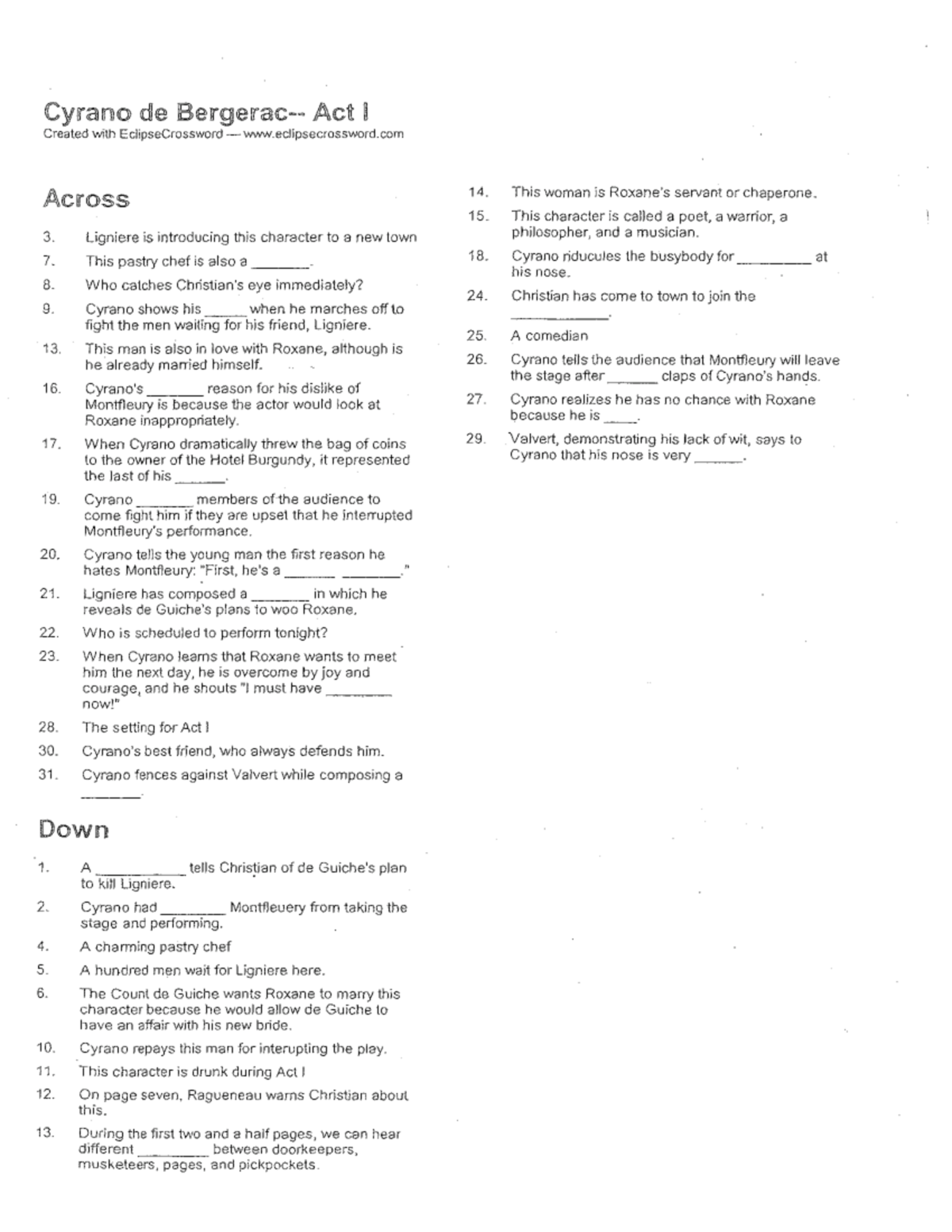 Act 1 puzzle cyrano clues - Studocu