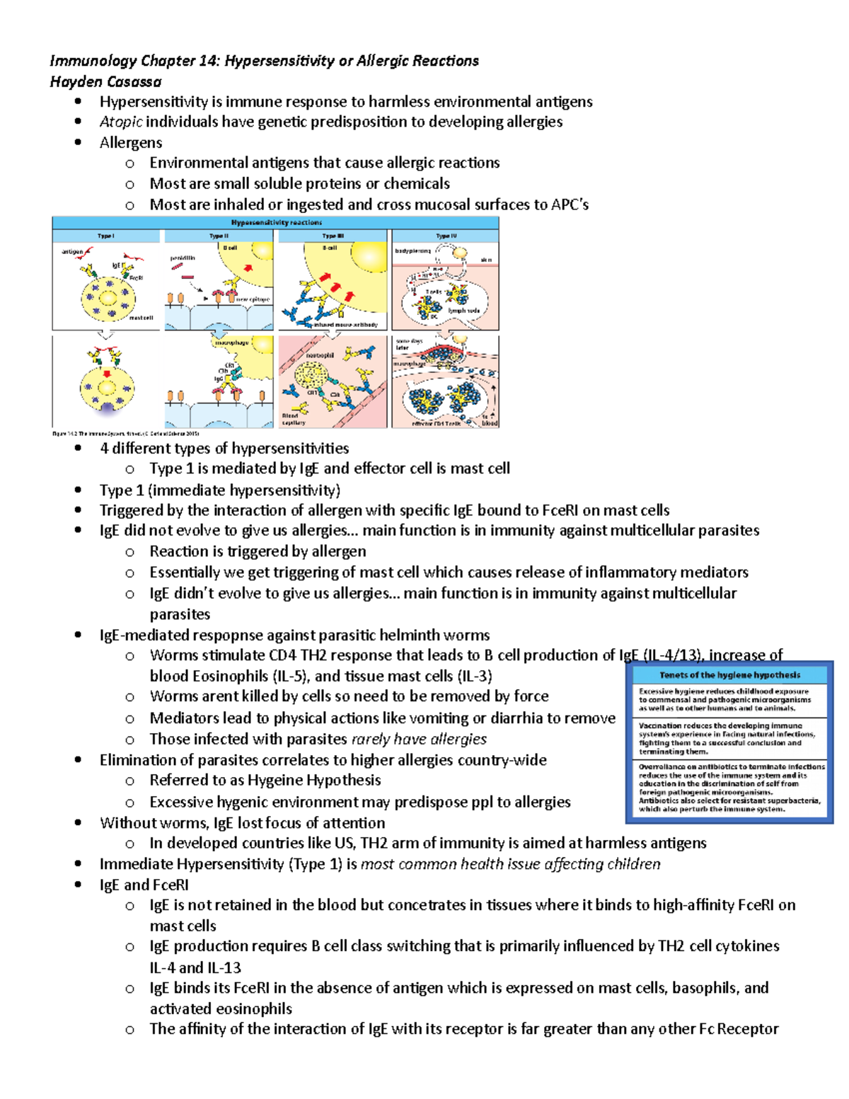 Chapter 14 Notes - Immunology Chapter 14: Hypersensitivity or Allergic ...