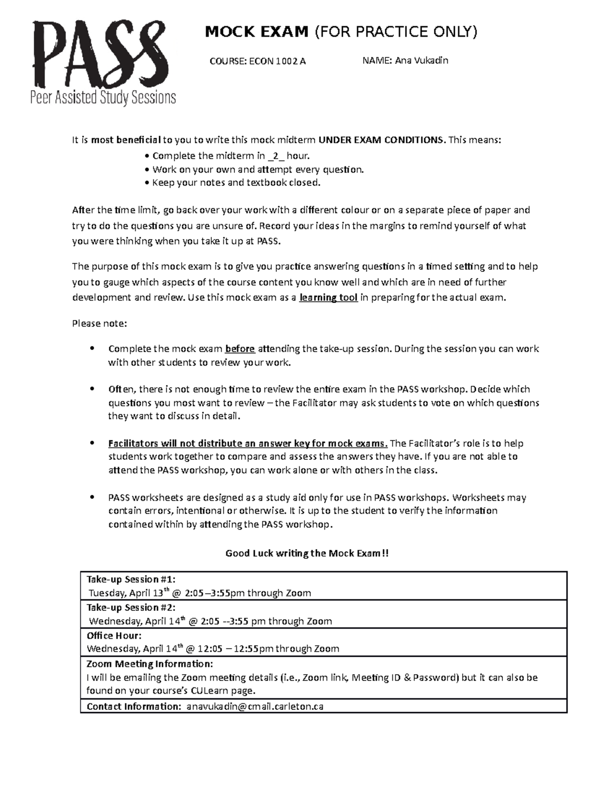 ECON 1002 A - Mock Final Exam - It is most beneficial to you to write this mock midterm UNDER ...