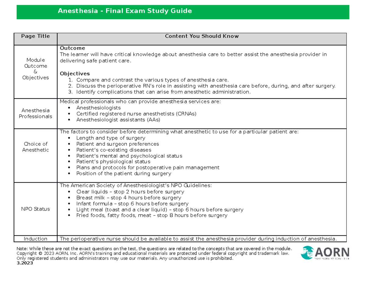Anesthesia - Page Title Content You Should Know Module Outcome & Objectives Outcome The learner ...