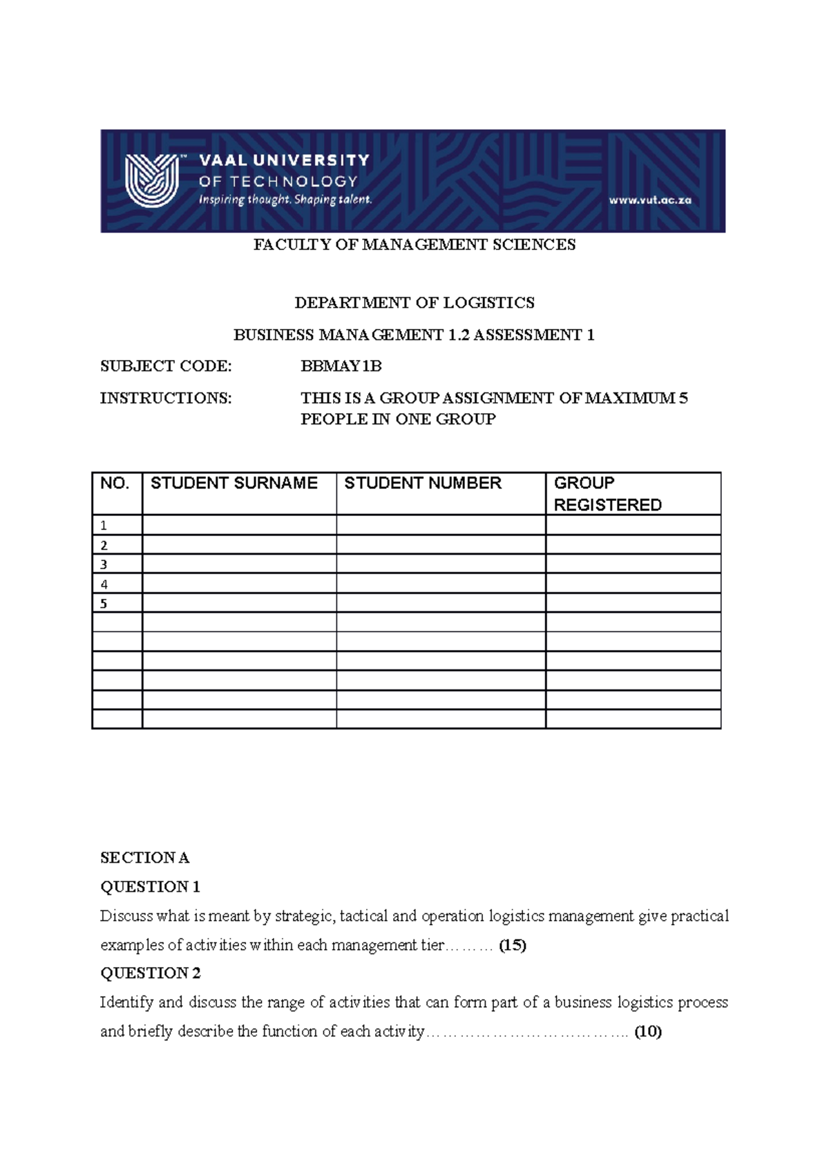 Business Management Assignment 2022 Second Semester - FACULTY OF ...