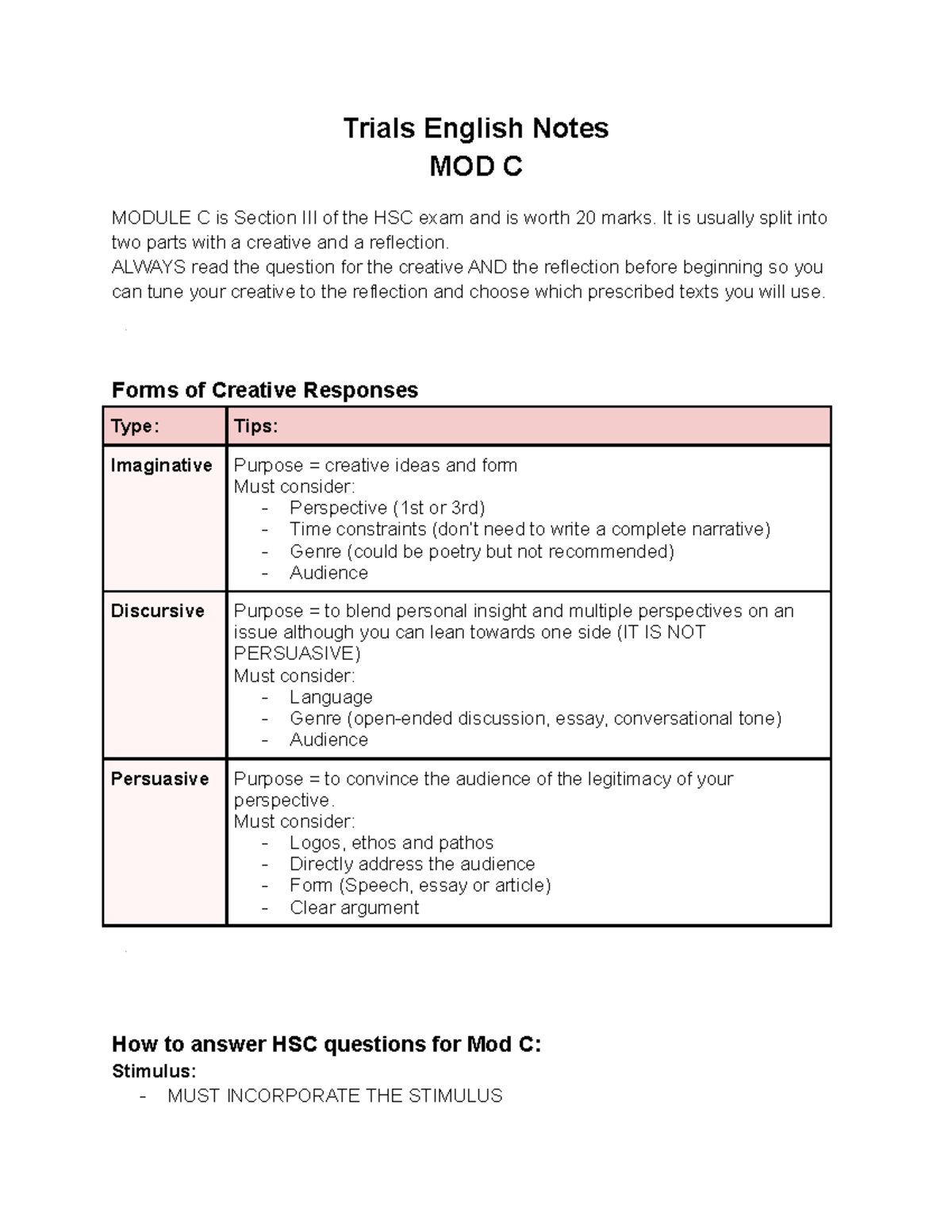 Mod C/short answer guide - Trials English Notes MOD C MODULE C is ...