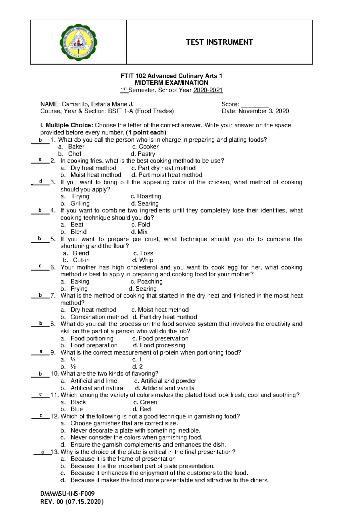Midterm exam ISO FTIT 102 1 - DMMMSU-INS-F FTIT 102 Advanced Culinary ...