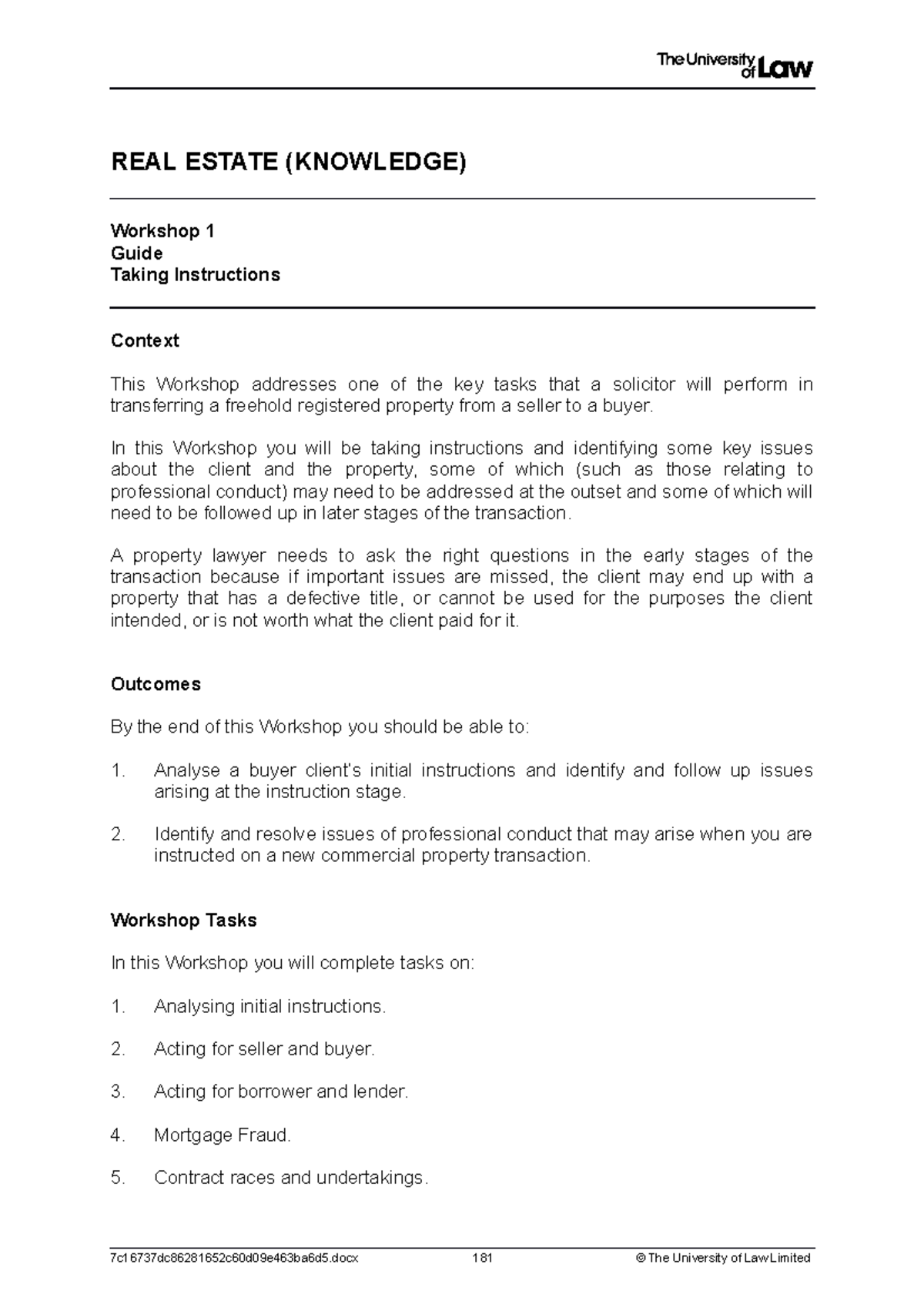 WS 1 - notes - REAL ESTATE (KNOWLEDGE) Workshop 1 Guide Taking ...