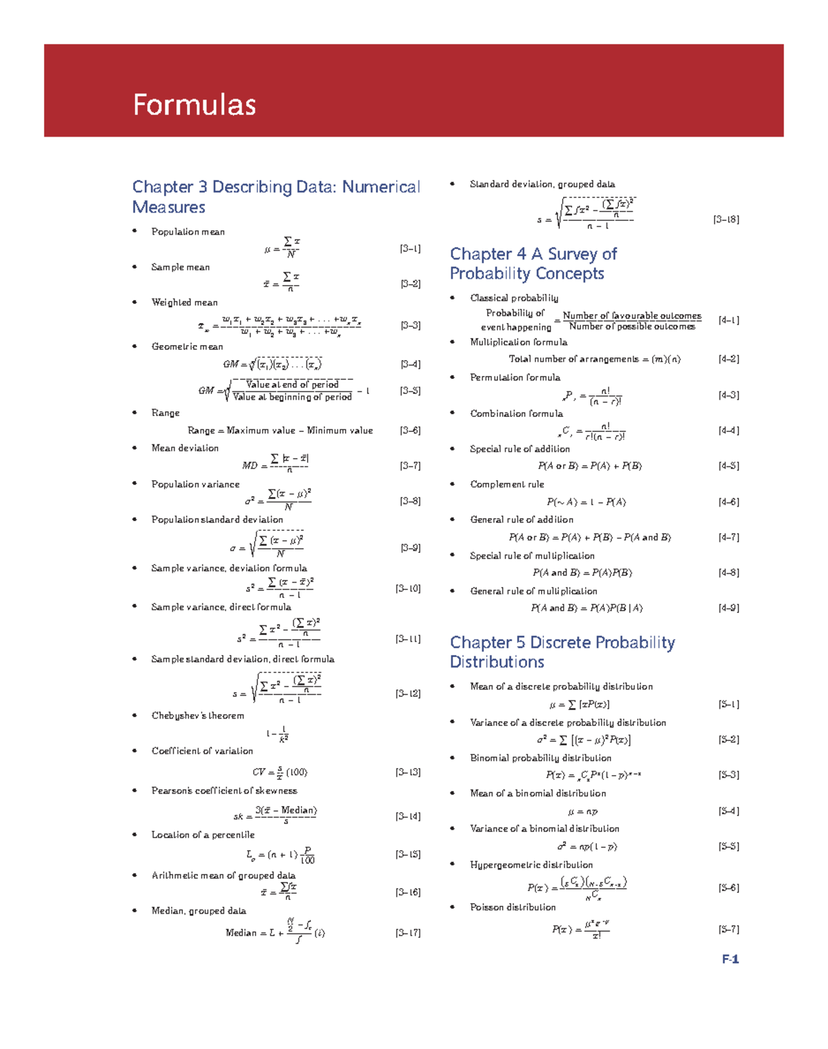 MTH 237 Formula Sheet - ####### F- Chapter 3 Describing Data: Numerical ...