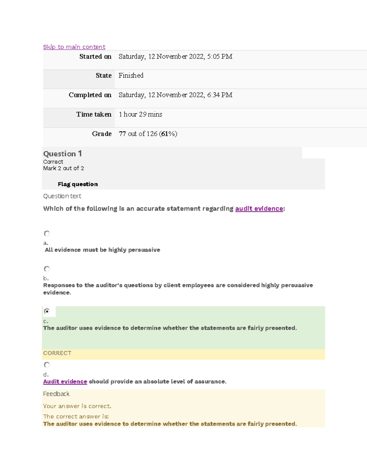 Audit test 2 - Final - Test - Skip to main content Started on Saturday ...