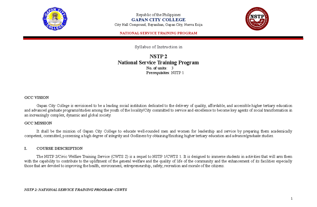 NSTP-2- Syllabus - NSTP 2 - GAPAN CITY COLLEGE City Hall Compound ...
