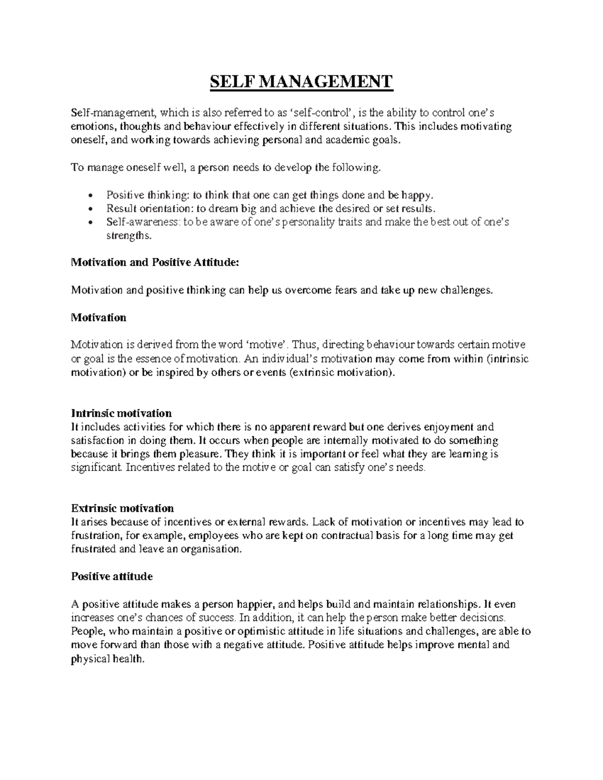 SELF Management (Class XII) - SELF MANAGEMENT Self-management, which is ...