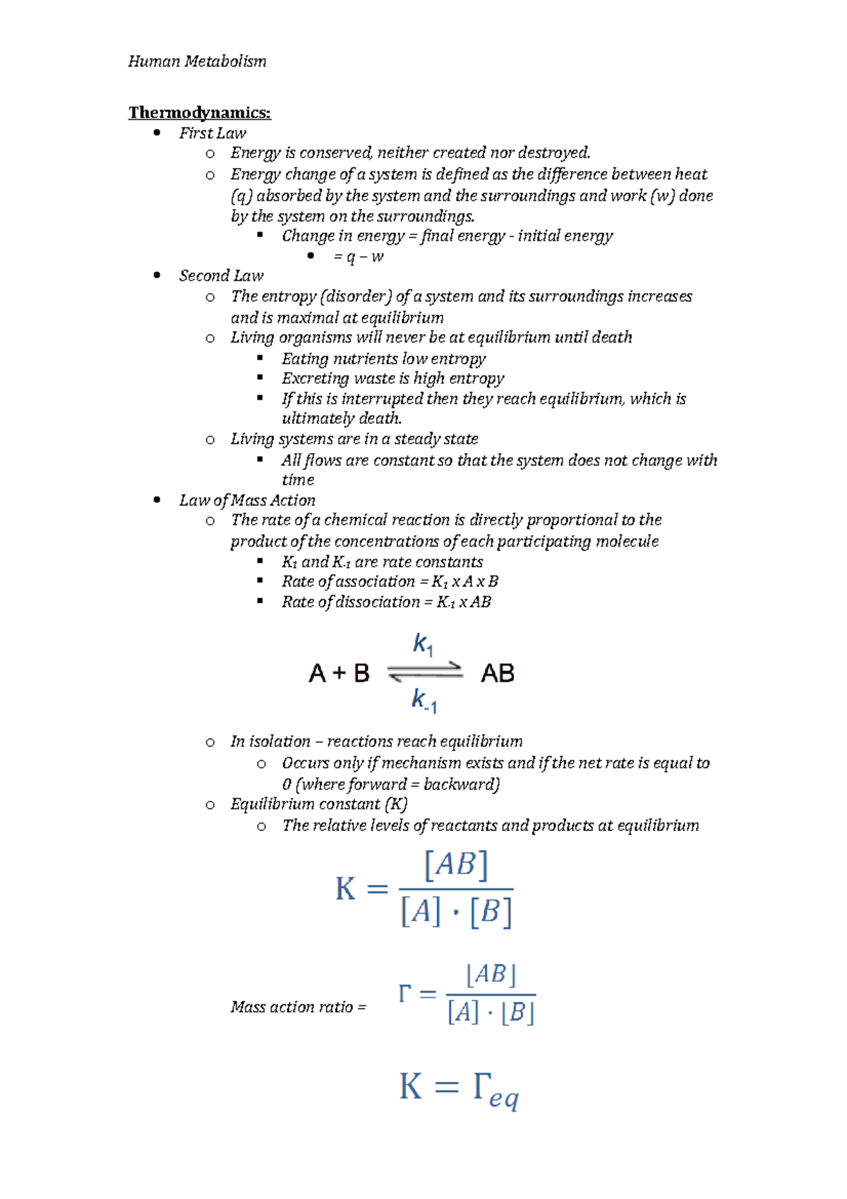Thermodynamics Lecture Notes - Human Metabolism Thermodynamics: First ...